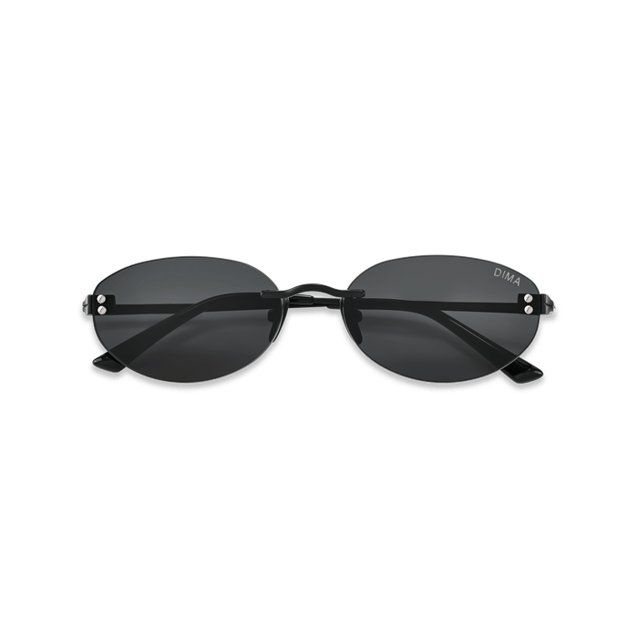 Elara Metal Black Rimless Oval Sunglasses - Grey Lens | DIMA Eyewear